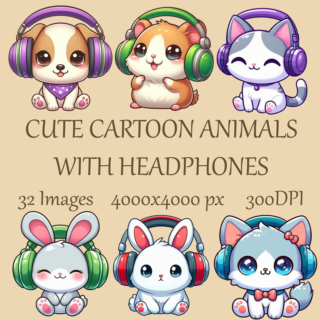32 Cute Cartoon Animals With Headphones Clipart - Etsy