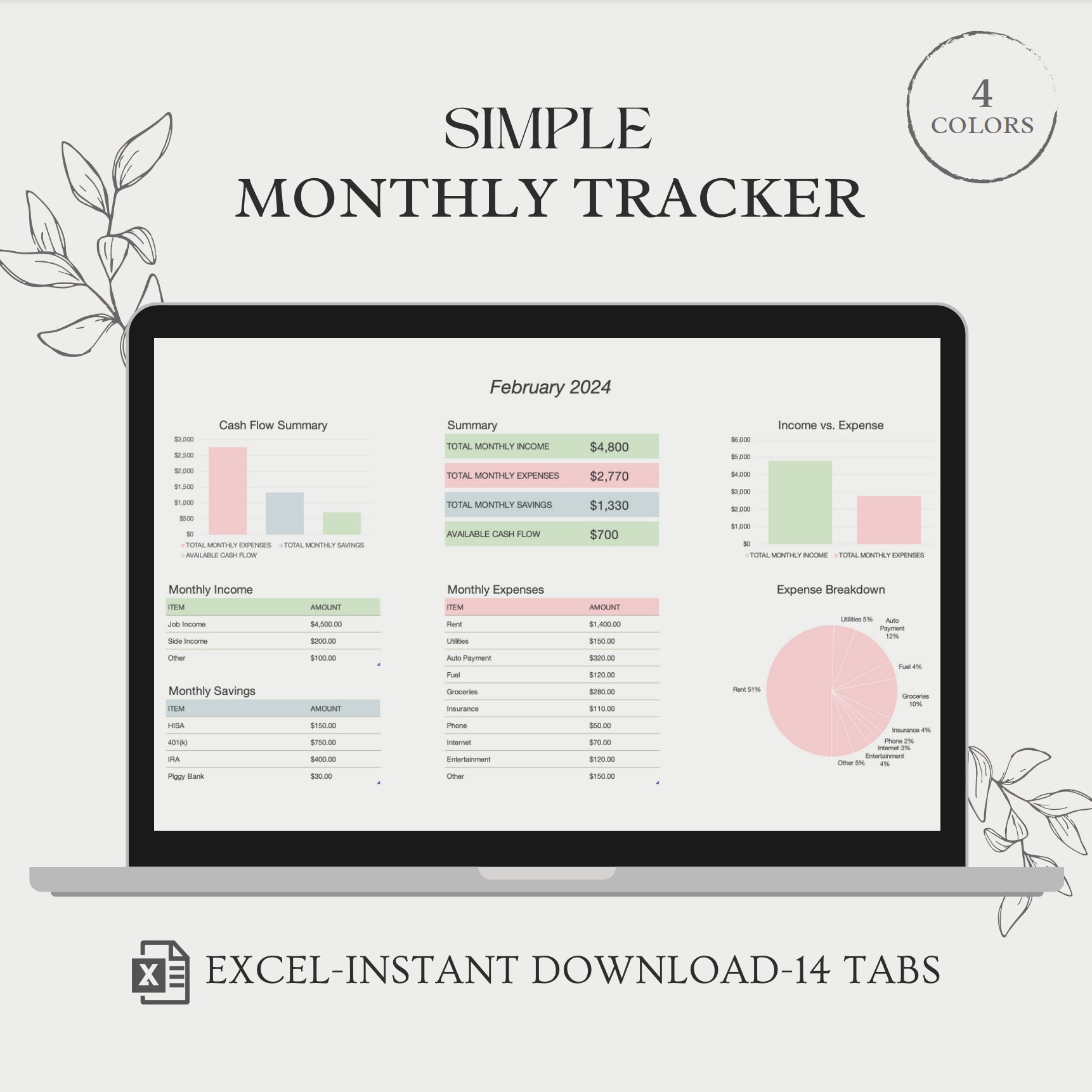 Excel Monthly Personal Finance Tracker Planner Clean Simple Easy - Etsy
