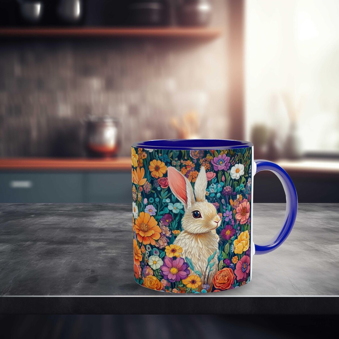 Aesthetic and Colorful Cute Rabbit Ceramic Mug, Floral Botanical Mug ...