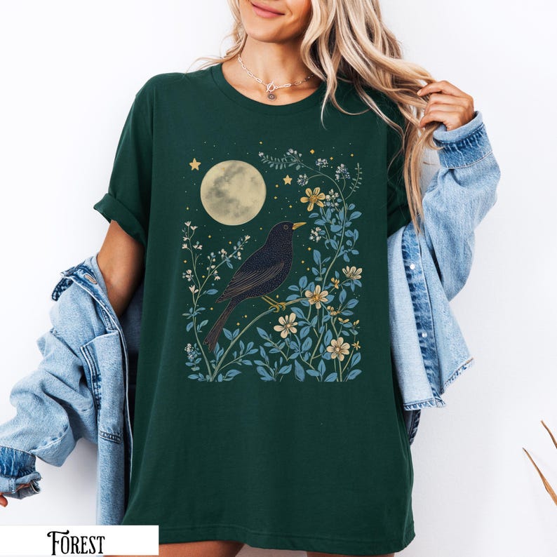 Whimsigoth Full Moon and Crow Shirt, Mystical Starry Night Raven Shirt ...