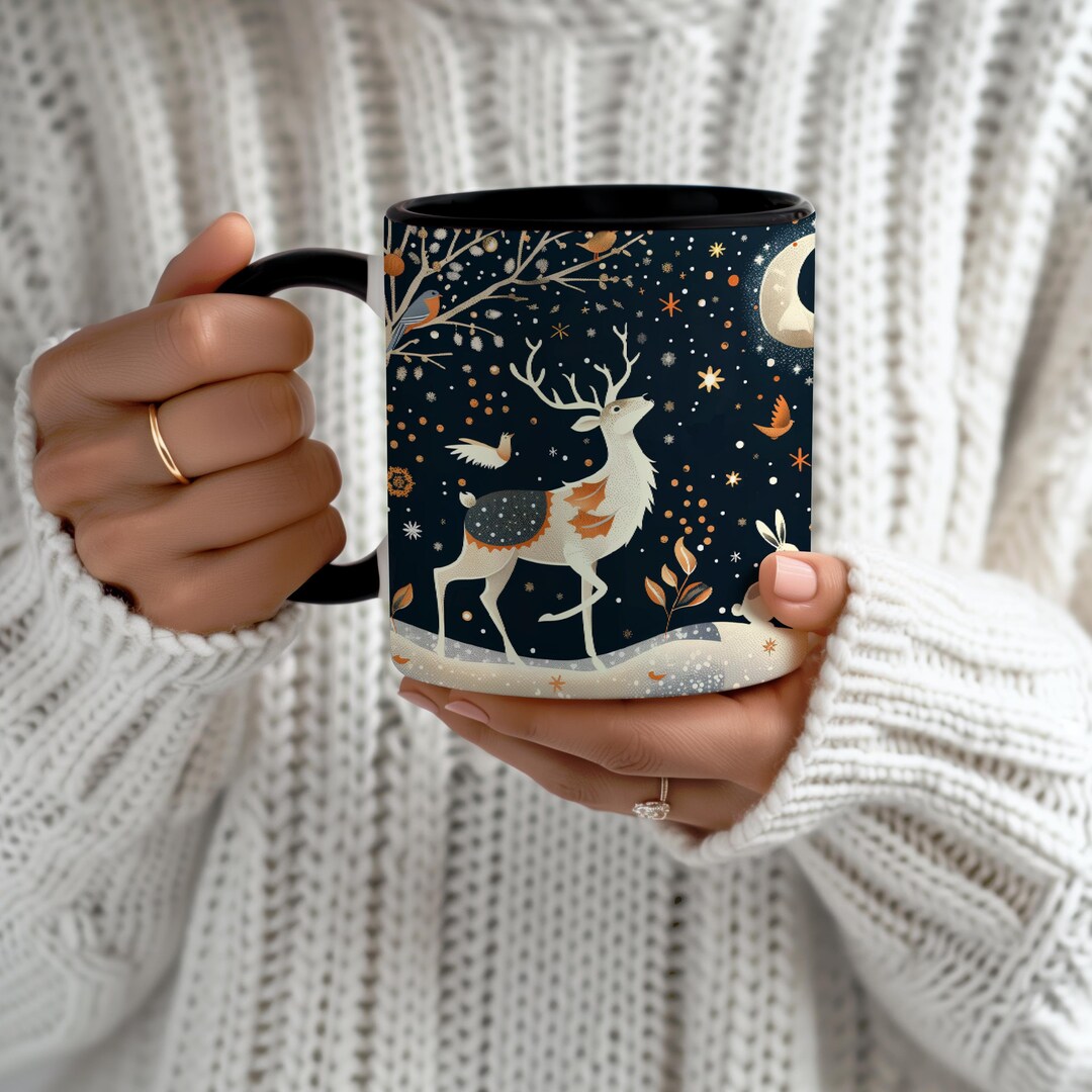 Whimsical Snowy Winter Night Mug, Fairy Winter Reindeer Mug Gift ...
