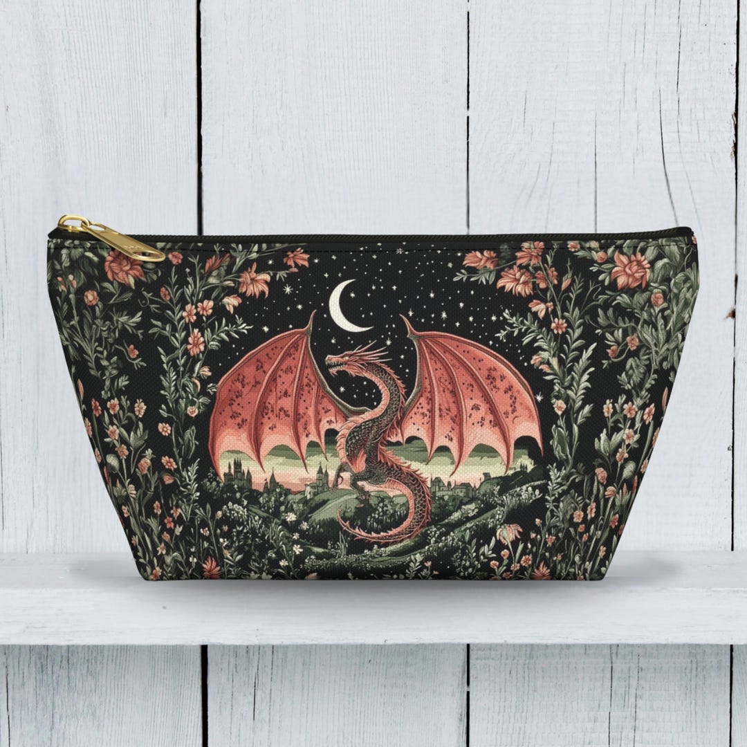 Fantasy Dragon Pouch, Floral Design, Medieval Makeup Bag With Stars and ...