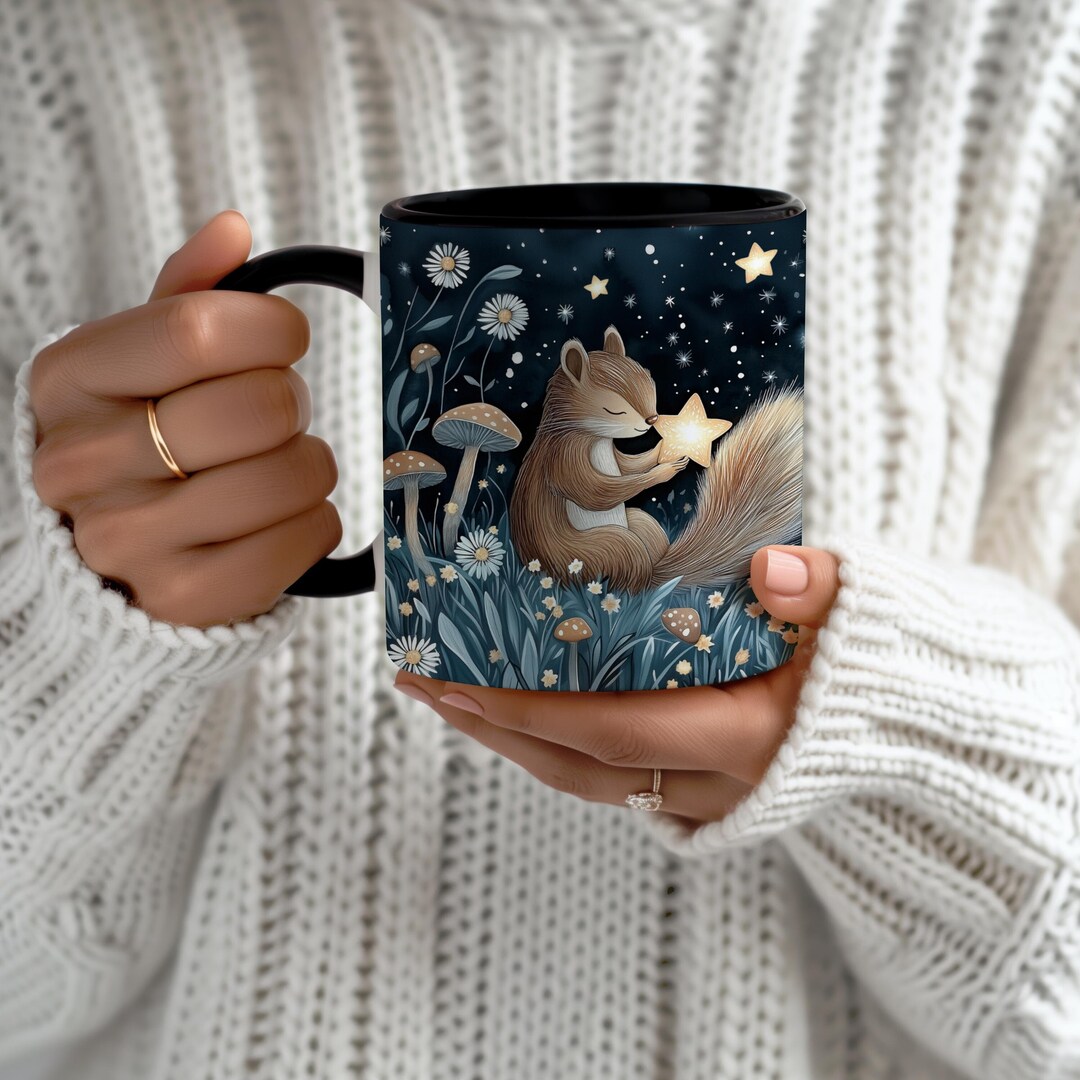 Starry Night Cute Squirrel Mug Artistic, Fairy Celestial Botanical Mug ...