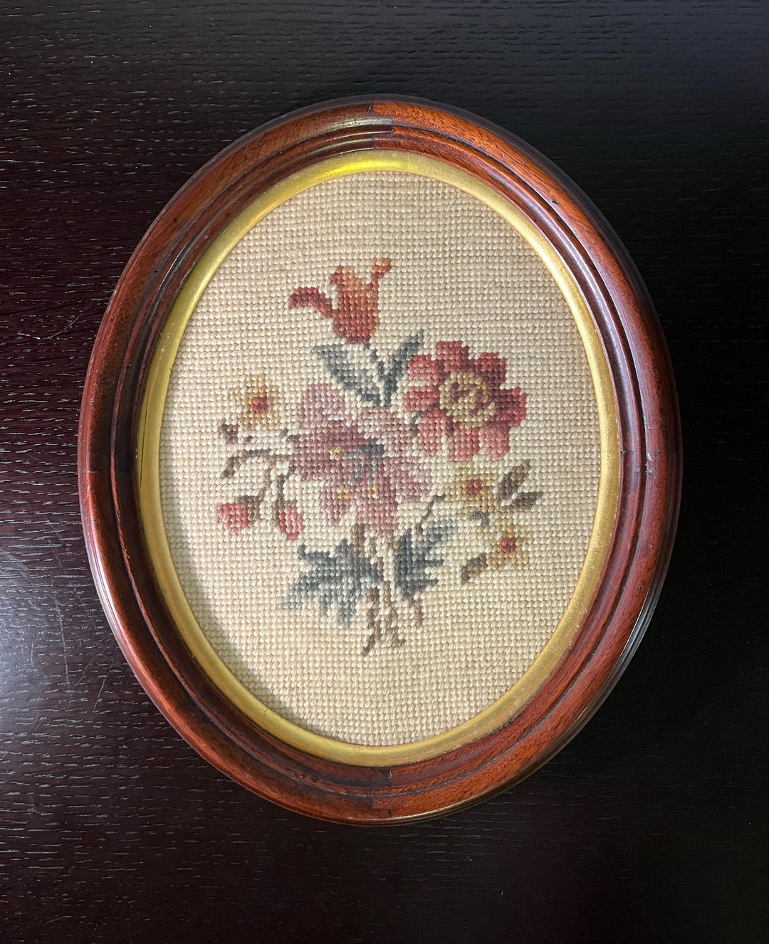 Vintage Floral Needlepoint Oval Framed in Cherrywood - Etsy