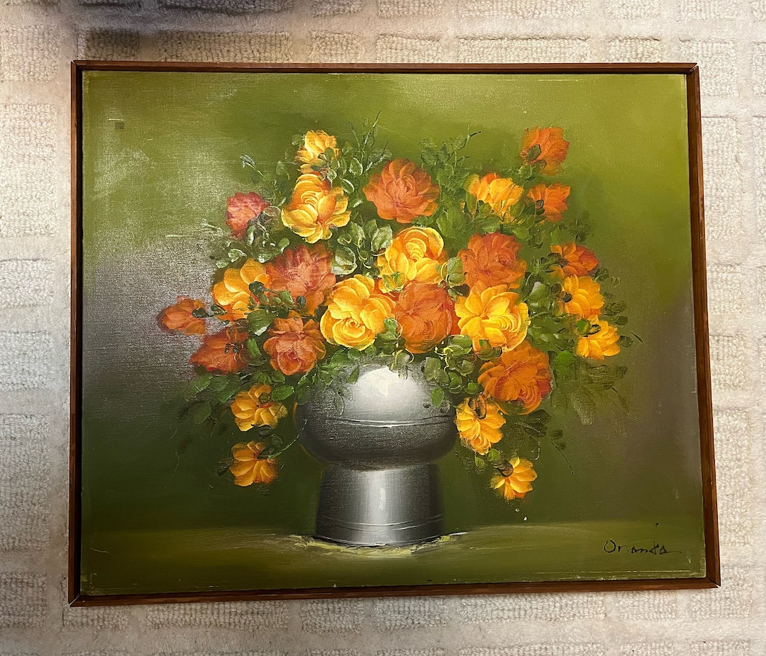 MCM Oil Painting Floral Still Life Roses in Avocado Green, Burnt Orange ...