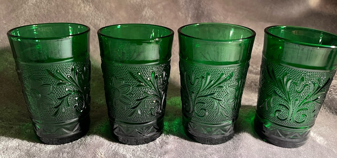 Four Emerald Green Anchor Hocking Sandwich Pattern Juice Glasses Forest ...