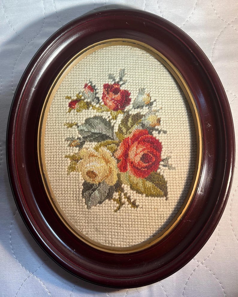 Handmade Vintage Needlepoint in Oval Wood Frame 9.5” High by 7.5” Wide ...