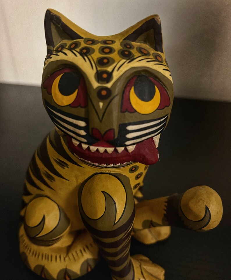 Korean Folkart Tiger Painted Wood Stylized Carved Figure With Feisty ...