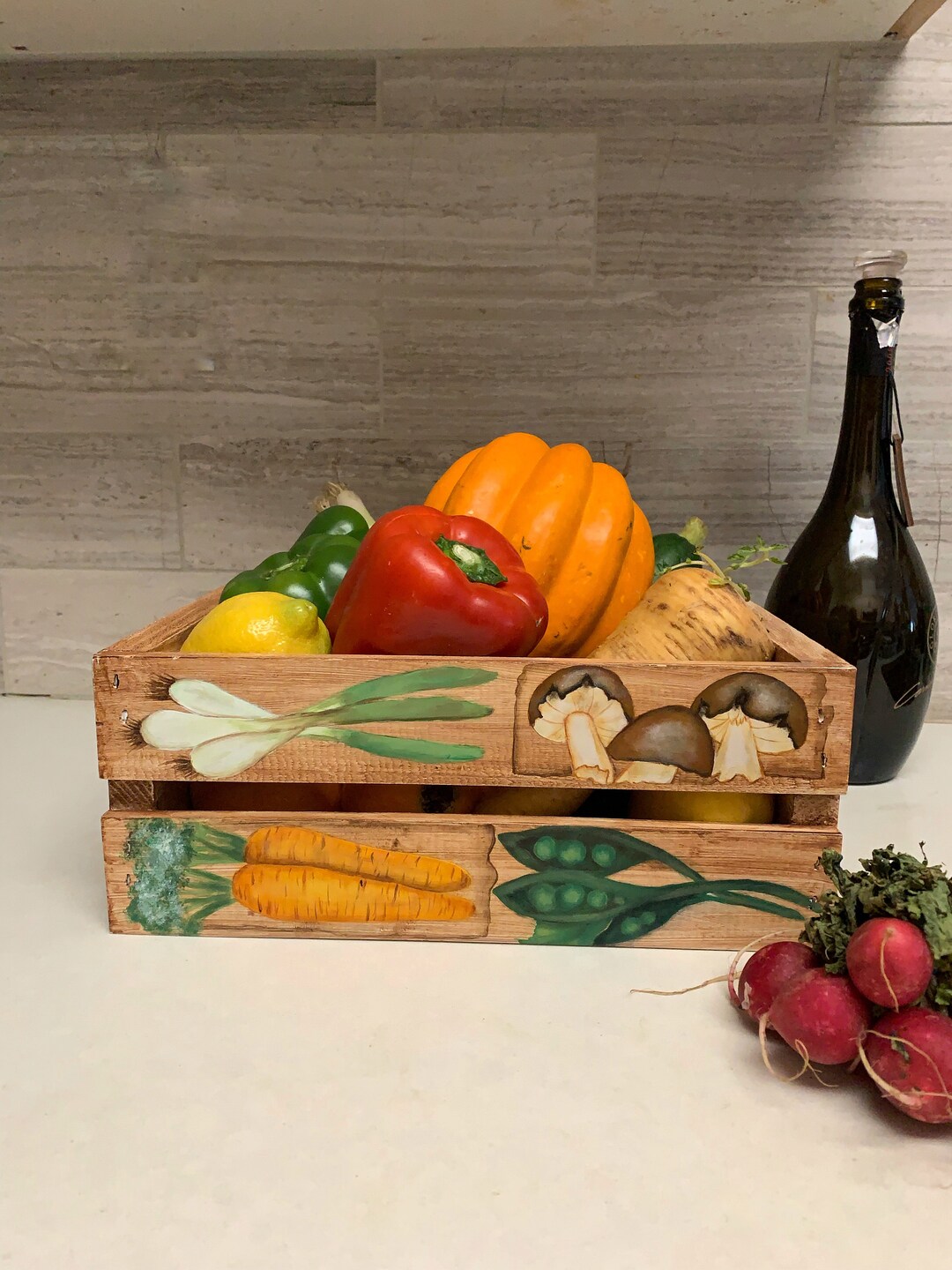 Countertop Vegetables Stand/ Hand Painted Wood Box/ Kitchen Storage ...