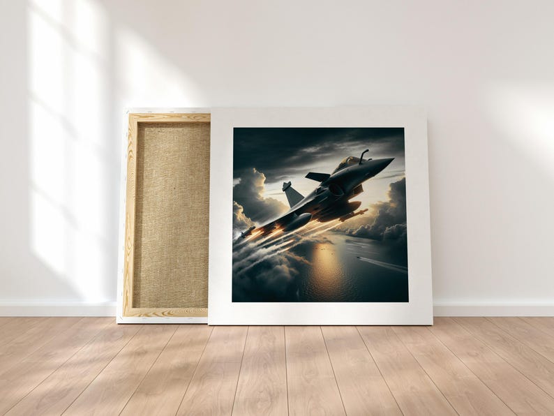 Fighter Jet Watercolor Art Print High-speed Combat Over Sea at Sunset ...