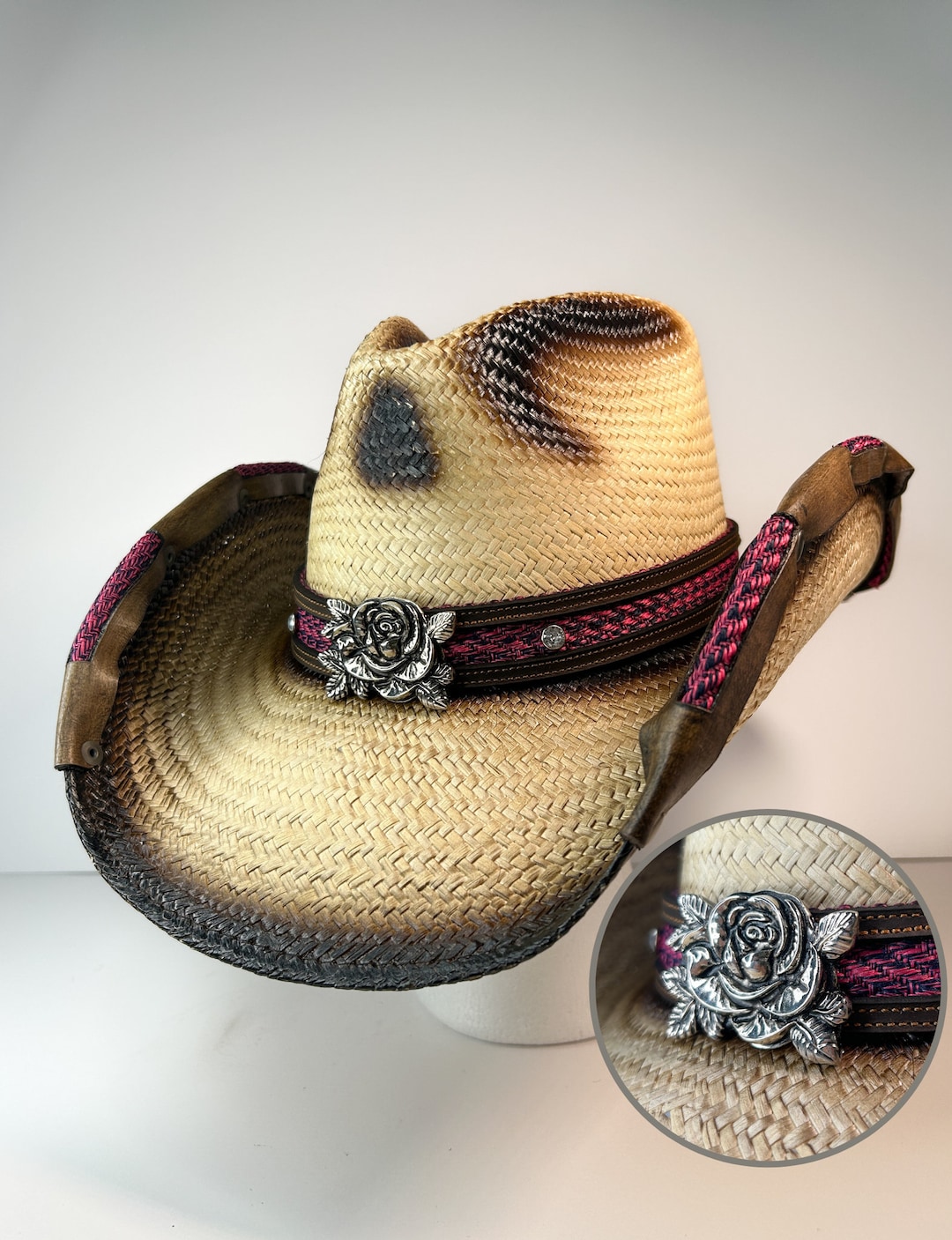 Cowgirl Straw Hat Cowboy Hat Black Cowgirl Hat Western Hat Rose Hat ...