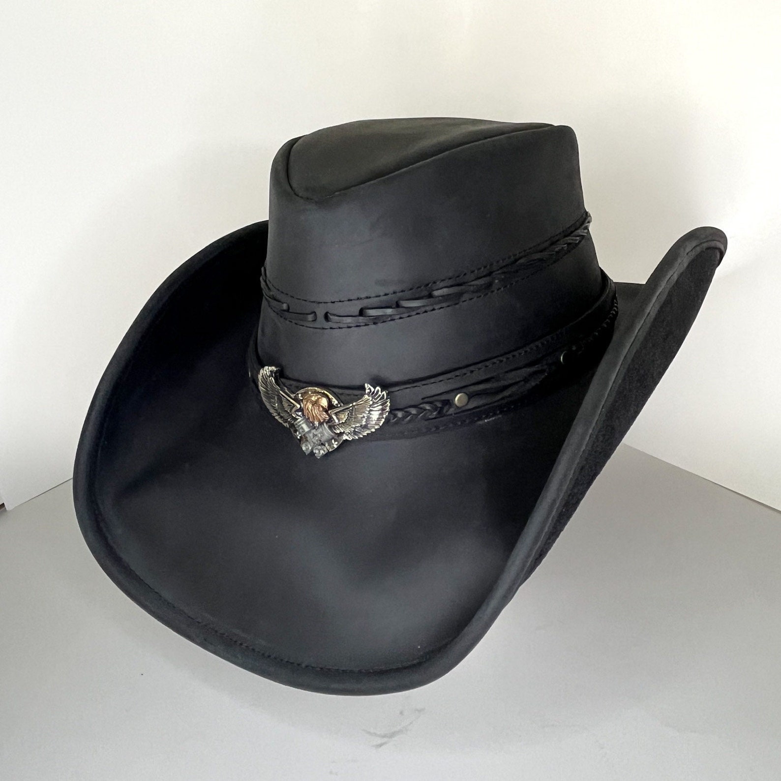 Handmade Leather Cowboy Hat: Black Western Hat With Eagle Emblem - Etsy