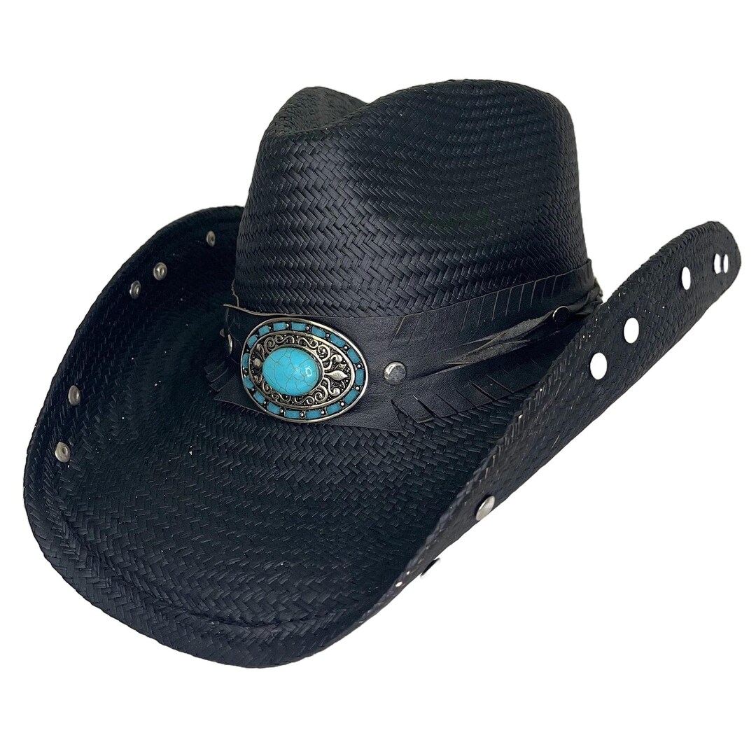 Cowboy Straw Hat Cowgirl Black Straw Hat L Western Hat L Turquoise ...