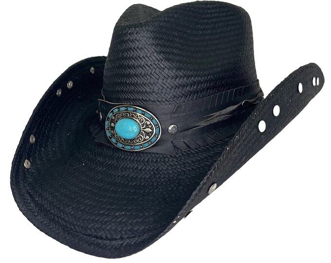 Cowboy Straw Hat Cowgirl Black Straw Hat L Western Hat L Turquoise ...