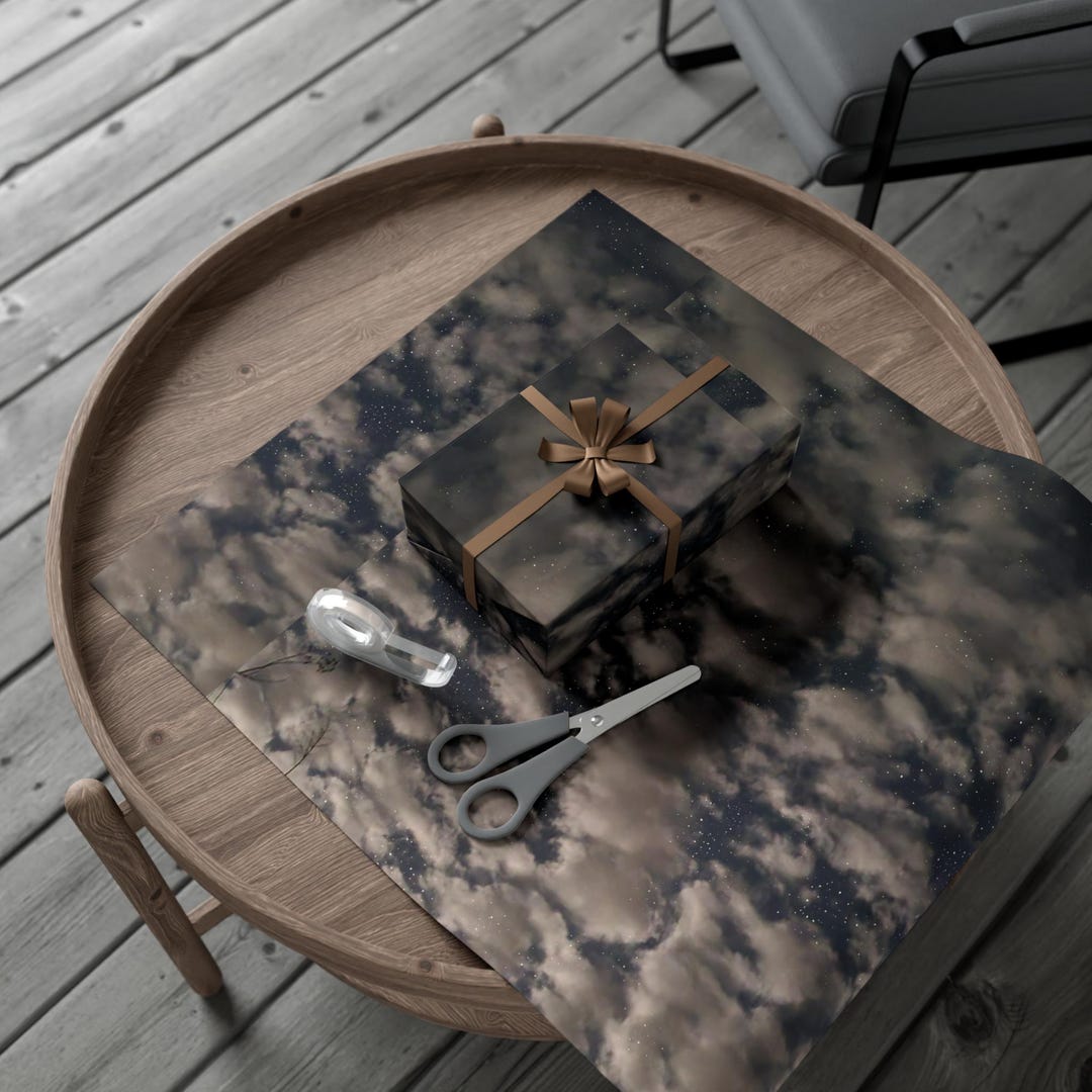 Starry Night Wrapping Paper-dark Sky, Fluffy Clouds, Celestial, Starry ...