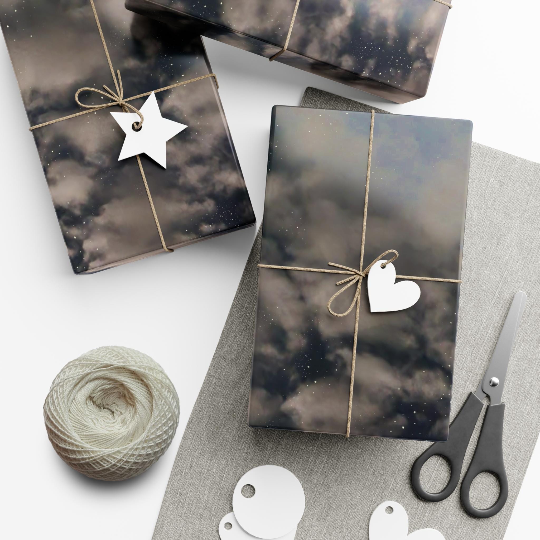 Starry Night Wrapping Paper-dark Sky, Fluffy Clouds, Celestial, Starry ...