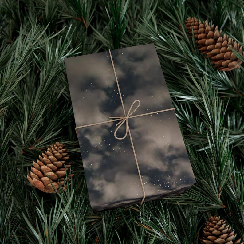 Starry Night Wrapping Paper-dark Sky, Fluffy Clouds, Celestial, Starry ...