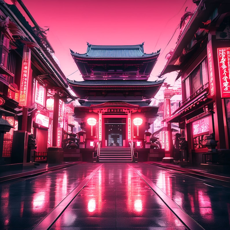 Neon Cyberpunk Japanese Temple - Etsy