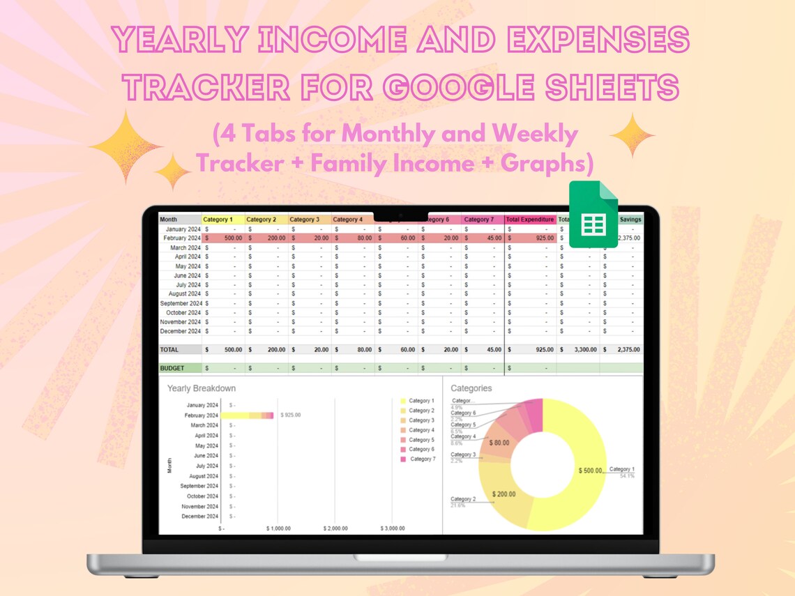 Yearly Income and Expenses Tracker for Google Sheets (4 Tabs for ...