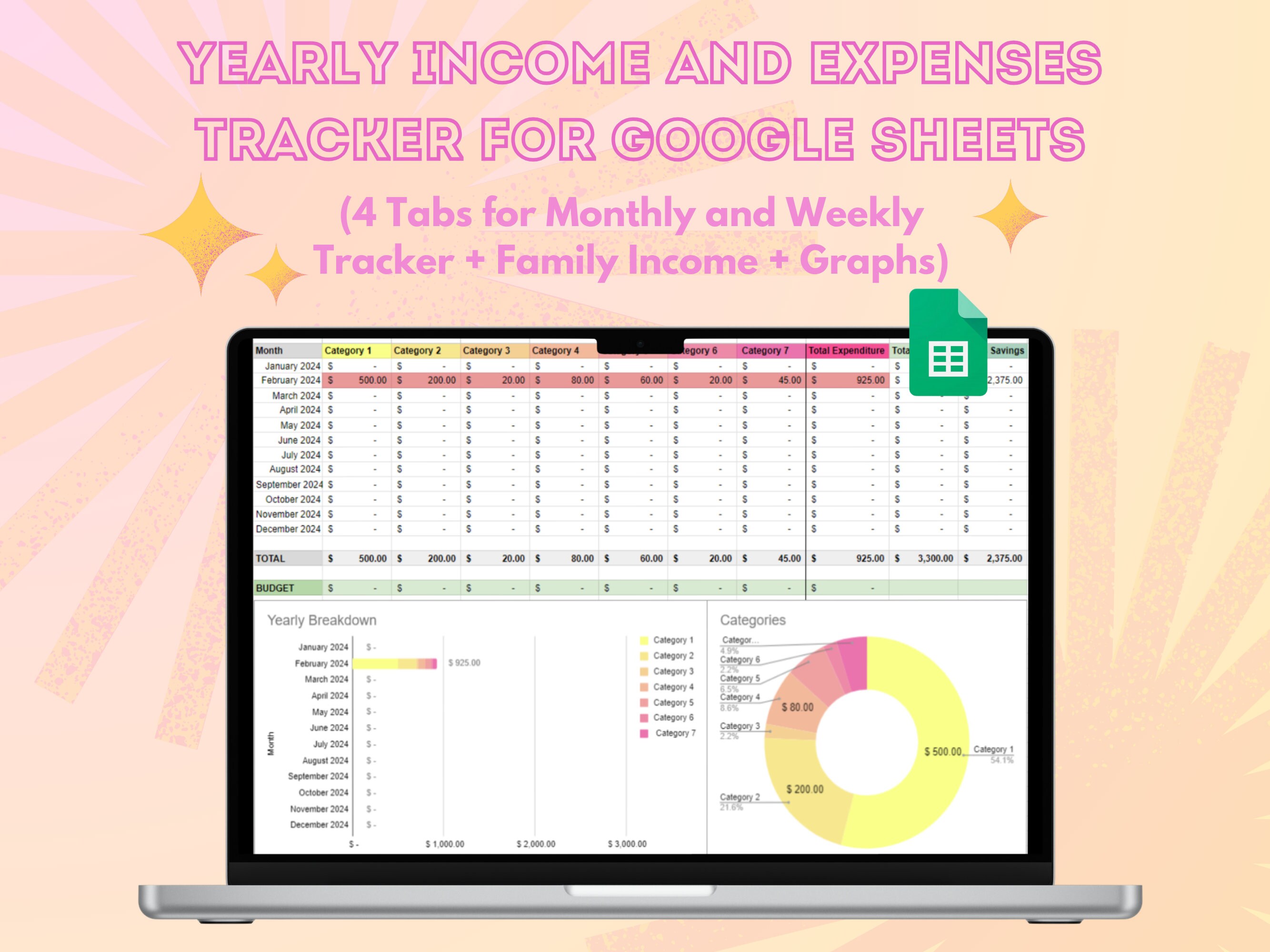 Yearly Income and Expenses Tracker for Google Sheets (4 Tabs for ...