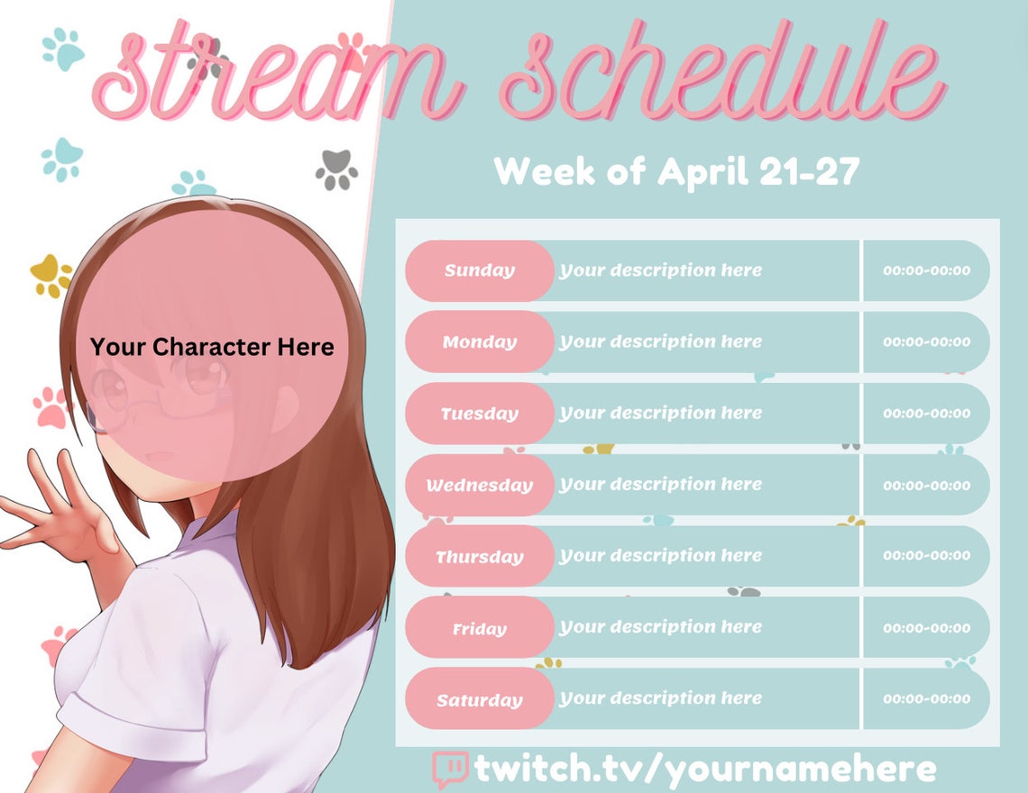 Playful Paw Print Teal & Pink Twitch Weekly Streamer Schedule Template ...