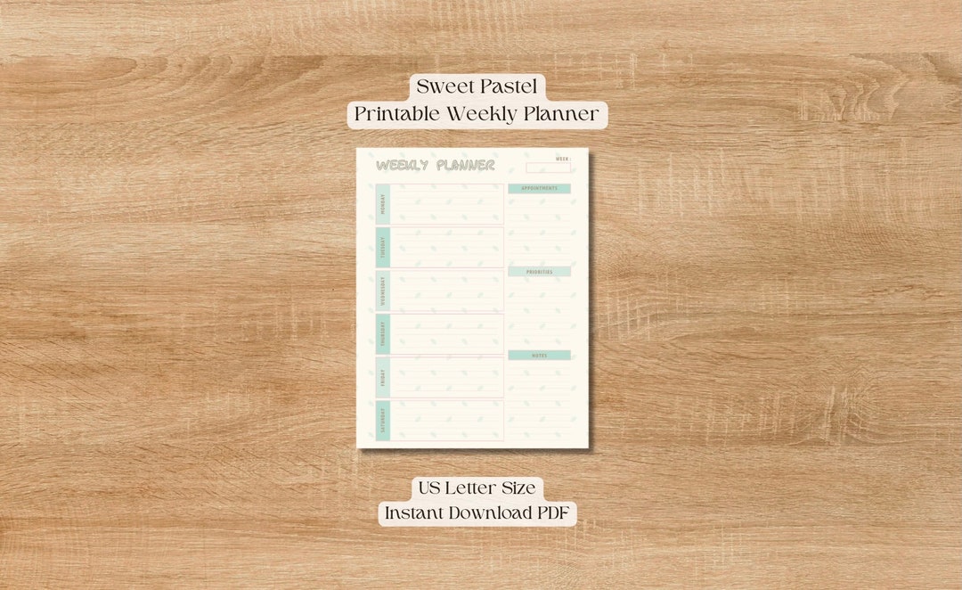 Sweet Pastel Pink & Teal Printable Weekly Planner US Letter Size ...