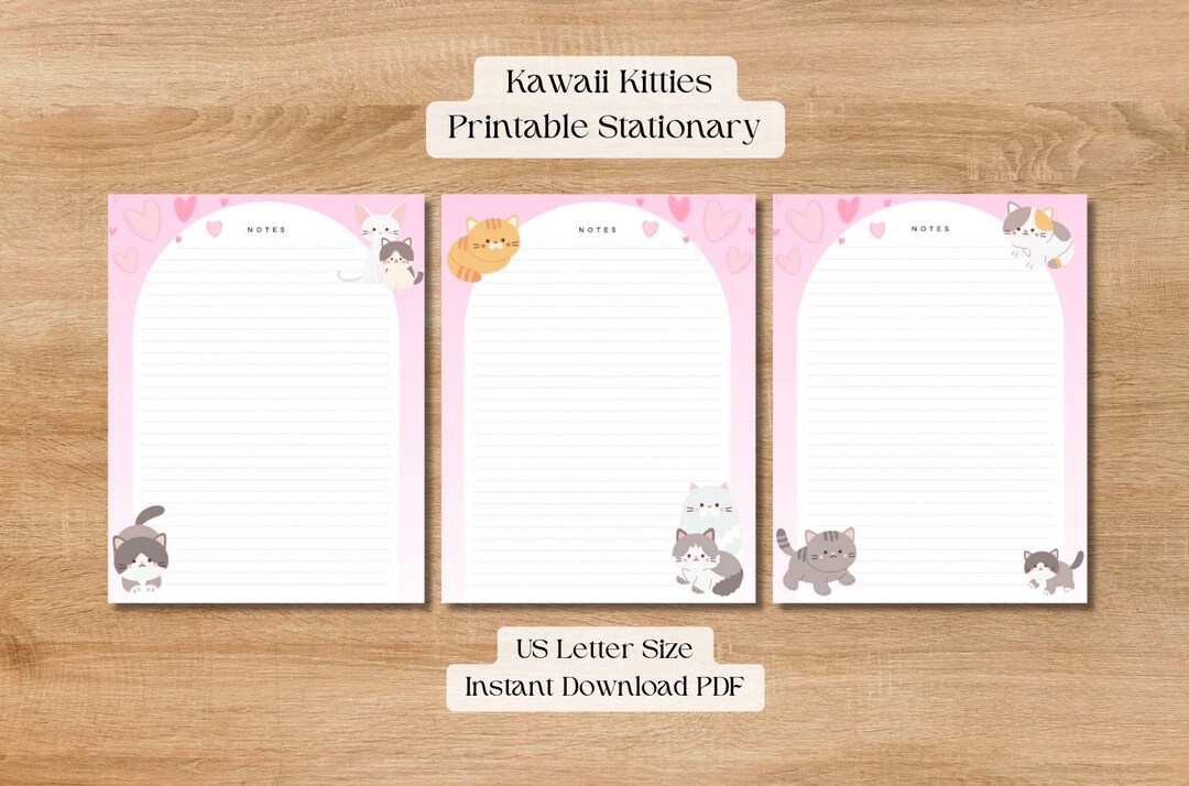 Kawaii Kitties Pink Printable Stationary 3 Page Set US Letter PDF ...