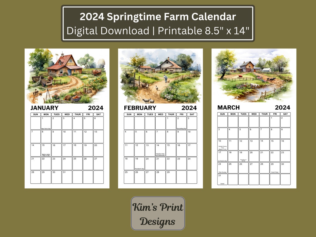 Printable 2024 Springtime Farm Wall Calendar, 8.5 X 14 Calendar ...