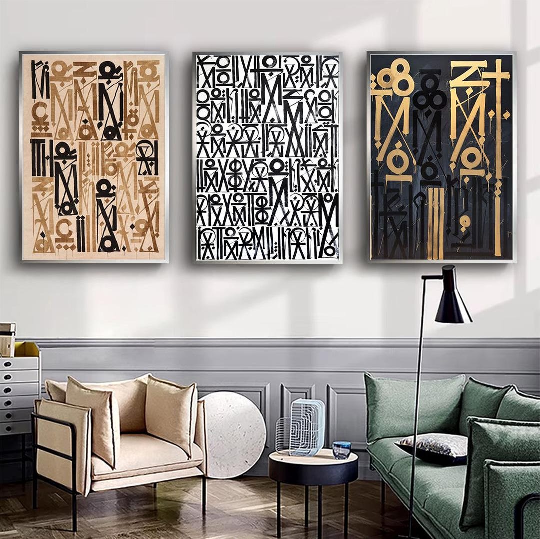 Retna Style 3-piece Abstract Art Set, Black Gold Beige Calligraphy ...