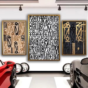 Retna Style 3-piece Abstract Art Set, Black Gold Beige Calligraphy ...