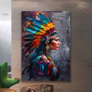 Native American Woman Canvas Painting, Colorful Beautiful Woman Canvas ...
