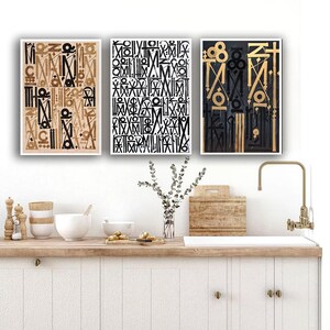 Retna Style 3-piece Abstract Art Set, Black Gold Beige Calligraphy ...