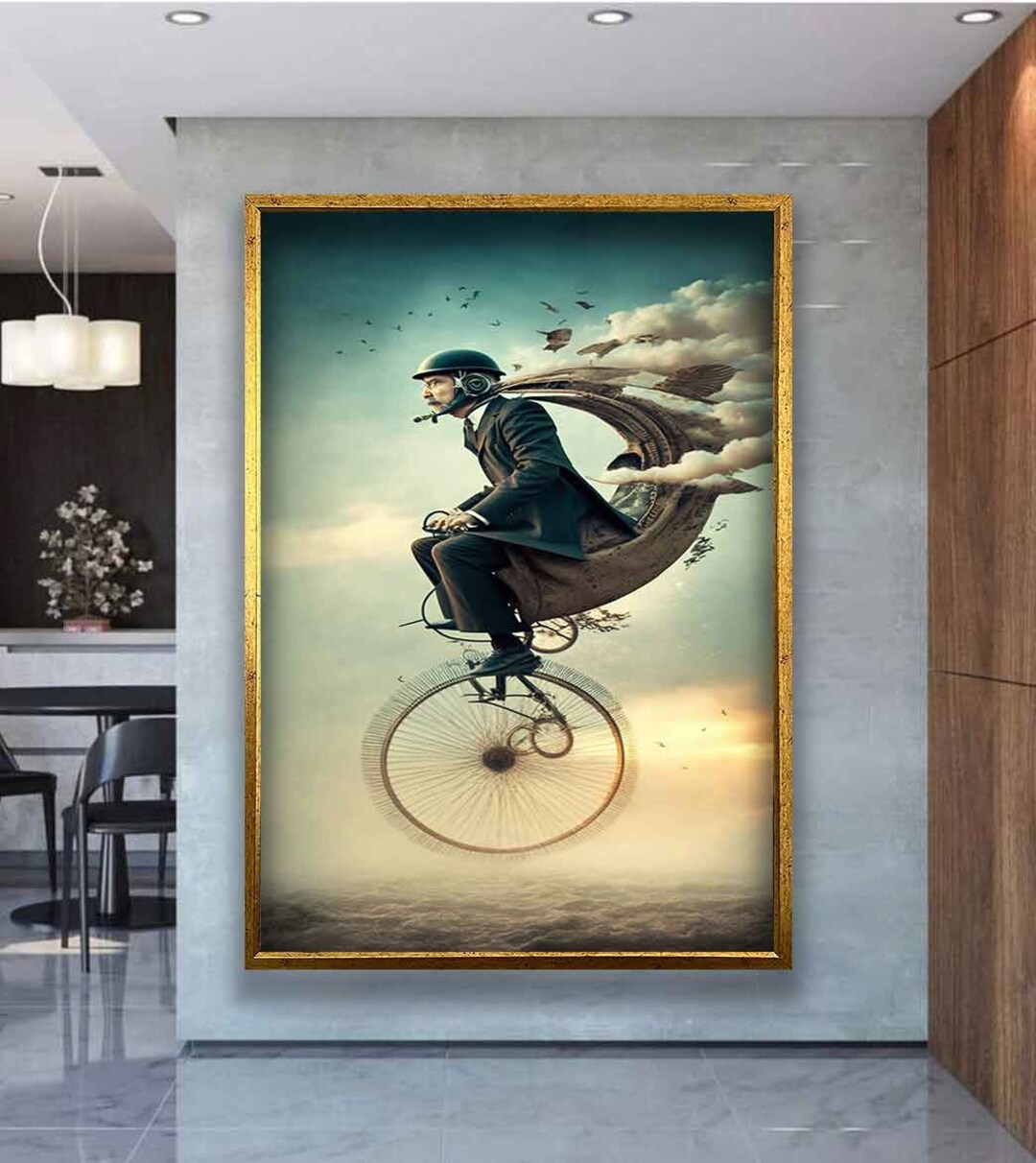 Flying Bicycle Canvas Wall Decor, Surreal Cyclist Canvas Print Art ...