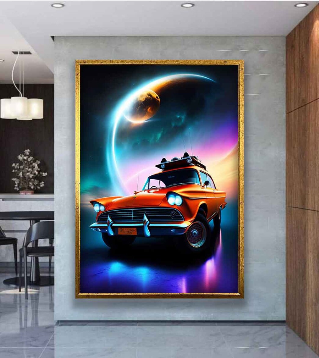 Car Canvas Print Art, Moon and Car Canvas Decor, Orange Car Canvas ...