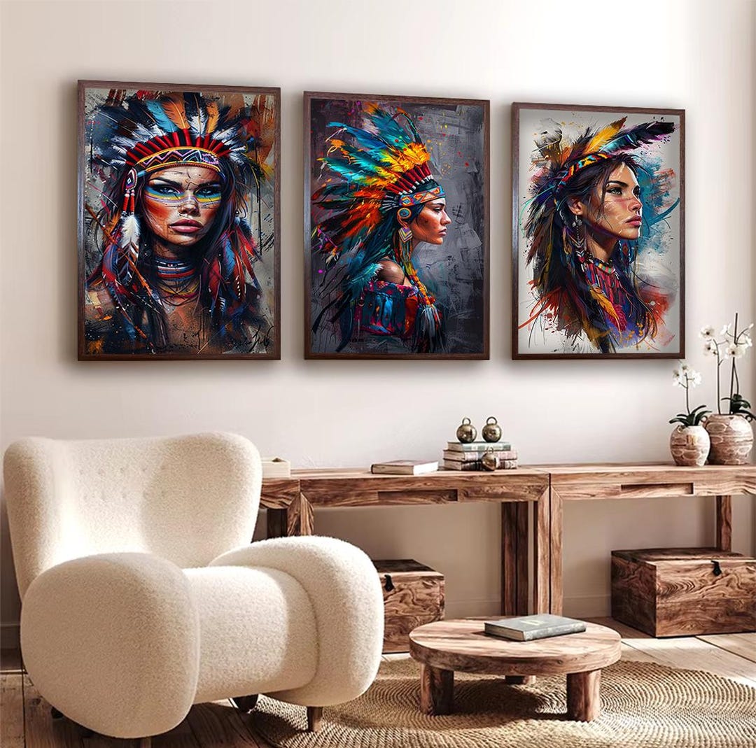 Native American Women Portraits Set Colorful Tribal Headdress Canvas ...