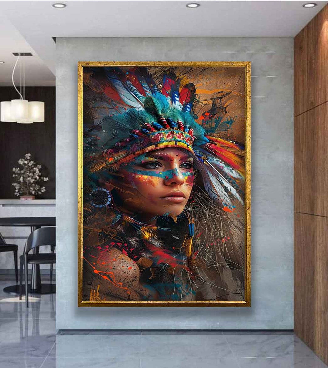 Colorful Beautiful Woman Canvas Painting, Native American Girl Canvas ...