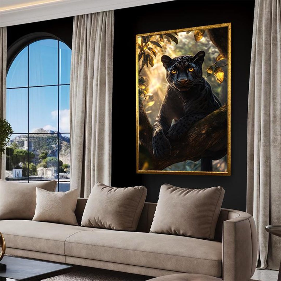 Black Panther Canvas Print Realistic Forest Art With Golden Eyes ...