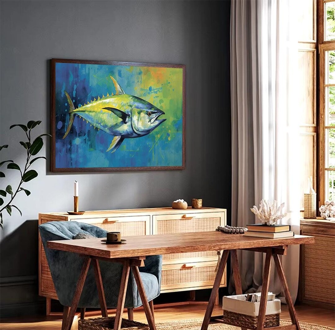 Yellowfin Tuna Canvas Wall Art, Abstract Marine Life Poster, Vibrant ...