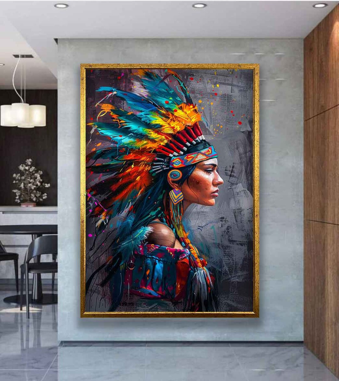 Native American Woman Canvas Painting, Colorful Beautiful Woman Canvas ...