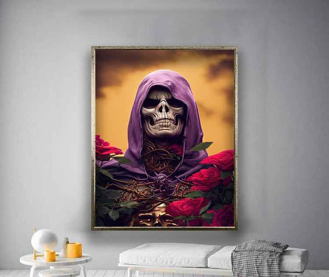 Skeleton Canvas Wall Decor, Skeleton With Roses Canvas Wall Art, Purple ...
