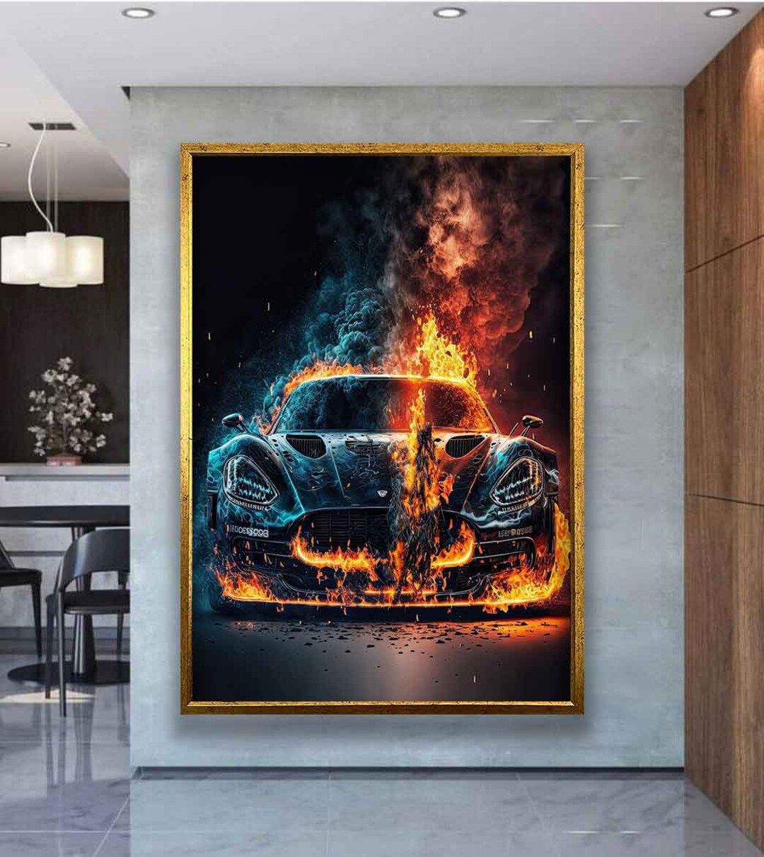 Burning Sports Car Wall Decor, Modern Sports Car Canvas Print Art, Red ...