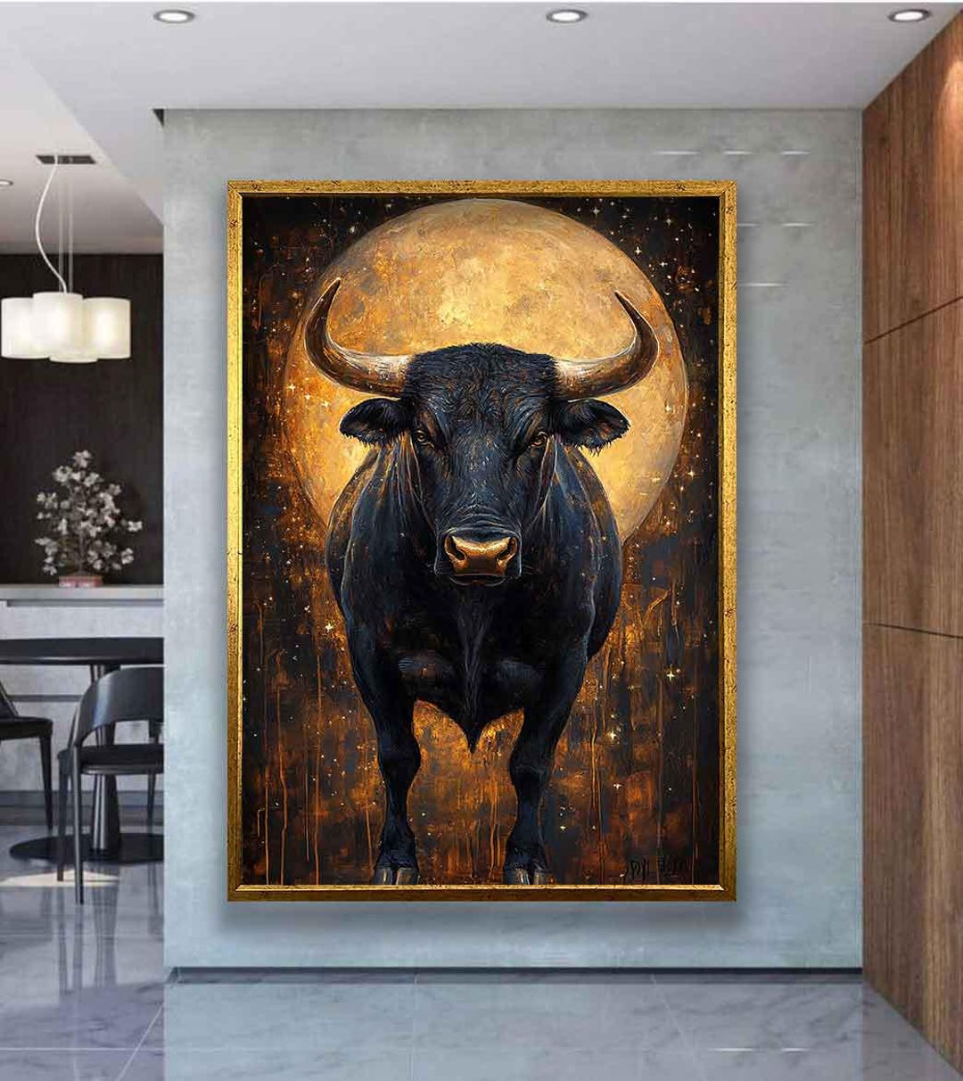 Black Bull Wall Art, Raging Bull Canvas Wall Decor, Full Moon and Bull ...