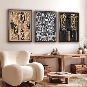 Retna Style 3-piece Abstract Art Set, Black Gold Beige Calligraphy ...