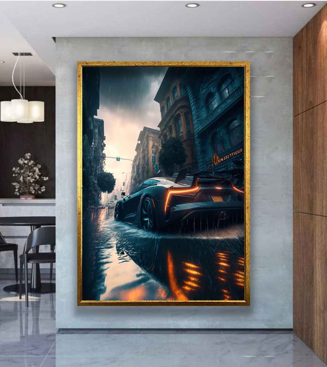 Sports Car Canvas Print Art on the Street, Gray Sports Car Canvas Wall ...