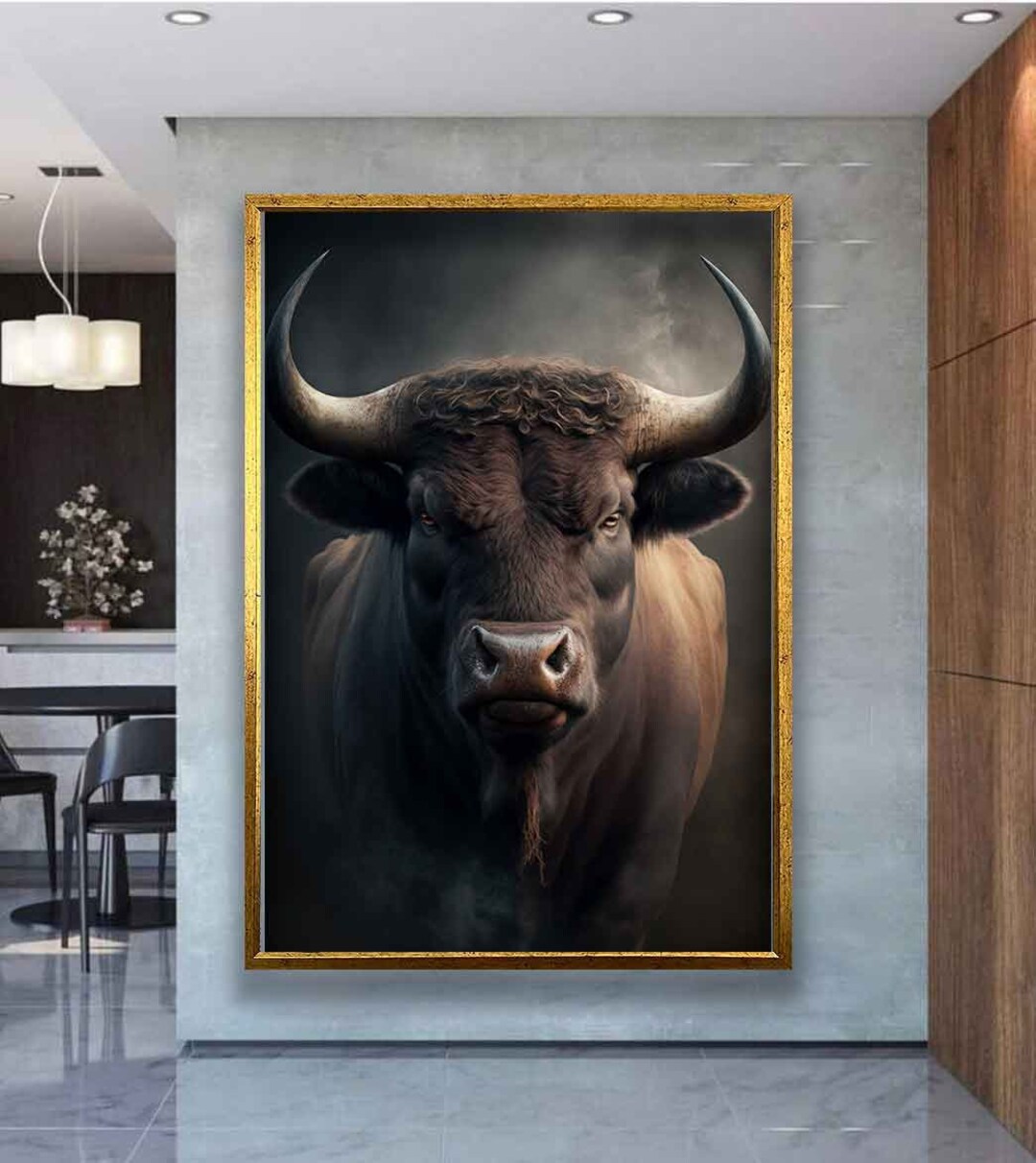 Bull Canvas Print Art, Horned Bull Canvas Wall Decor, Male Bull Digital ...