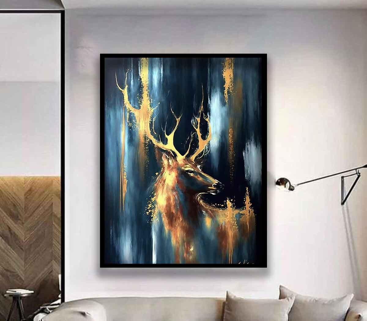 Deer Canvas Painting, Reindeer Canvas Wall Decor, Abstract Deer Canvas ...