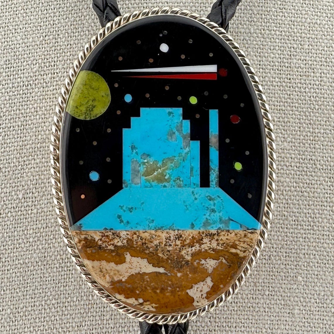 Navajo Sterling Silver Space Landscape Inlay Bolo Tie Native American ...