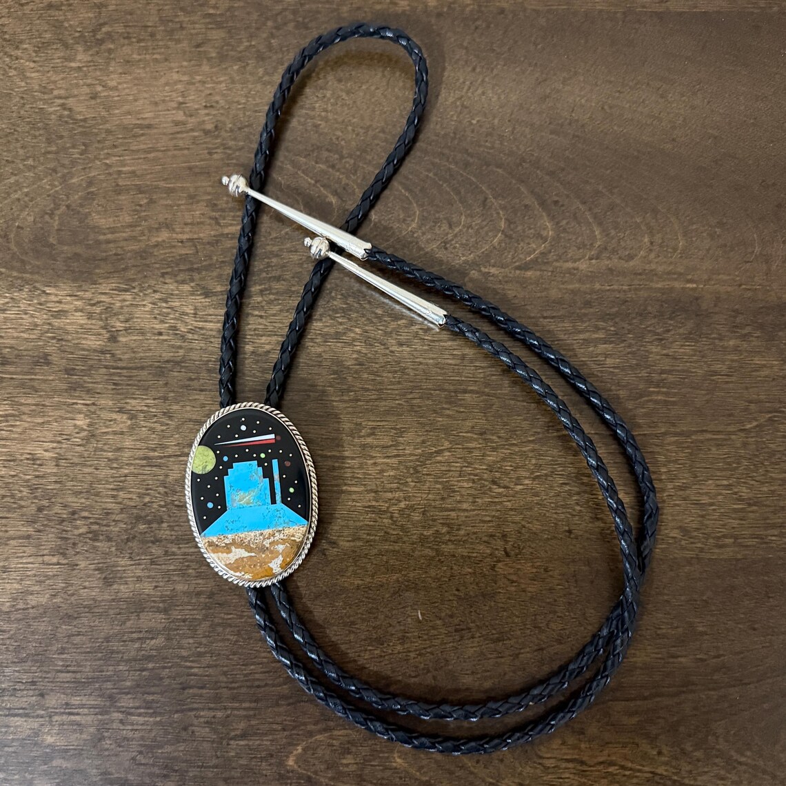 Navajo Sterling Silver Space Landscape Inlay Bolo Tie Native American ...