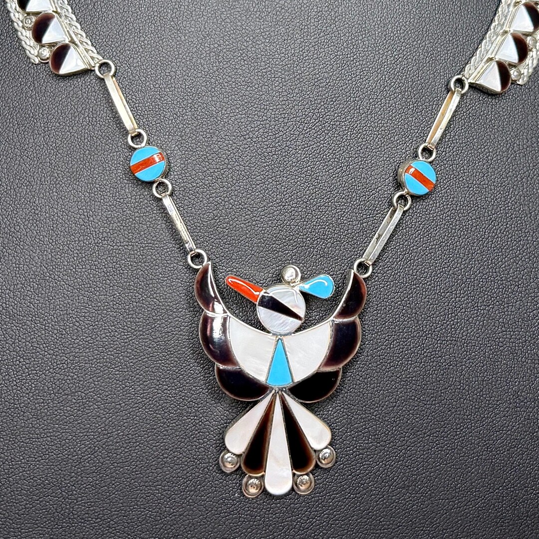 Zuni Inlaid Silver Thunderbird Bird Necklace Set Post Earrings Native ...