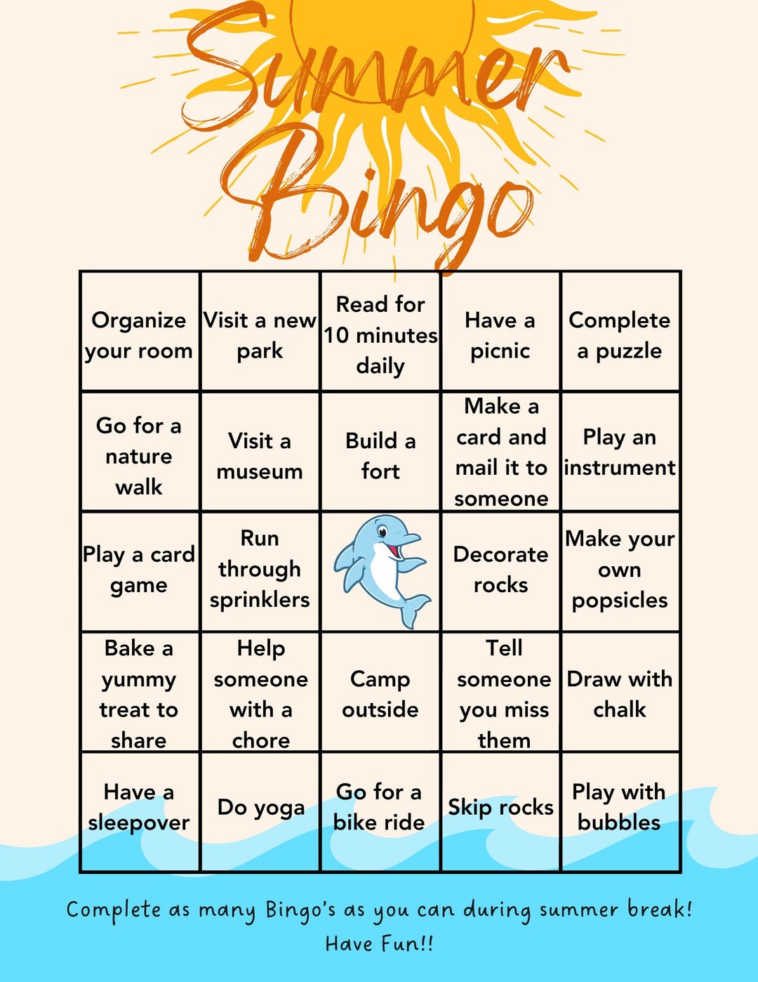 Summer Bingo Board for Kids - Etsy